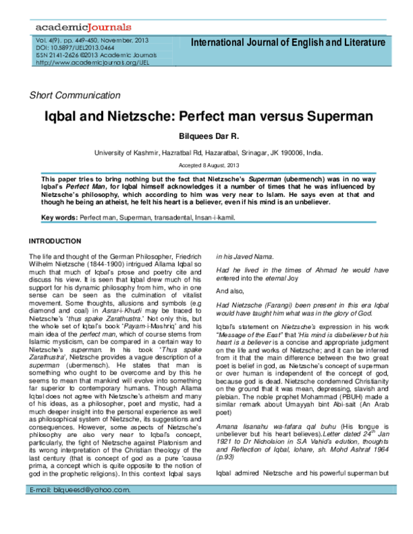 (PDF) Iqbal and Nietzsche: Perfect man versus Superman