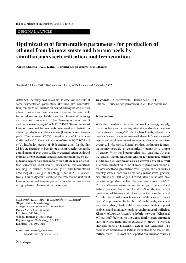 (PDF) Optimization of fermentation parameters for production of ethanol from kinnow waste and ...