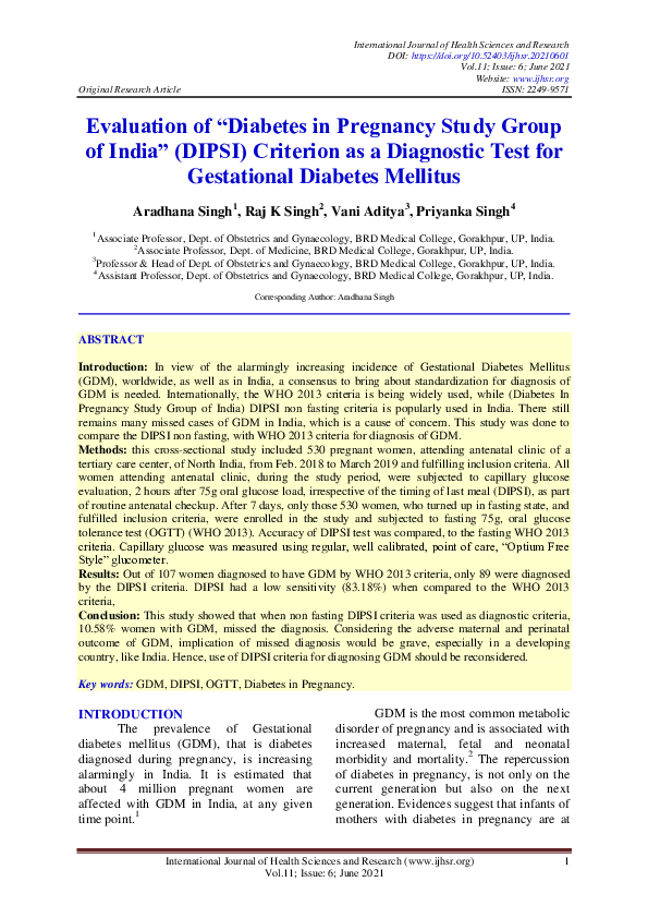 (PDF) Evaluation of "Diabetes in Pregnancy Study Group of India" (DIPSI ...