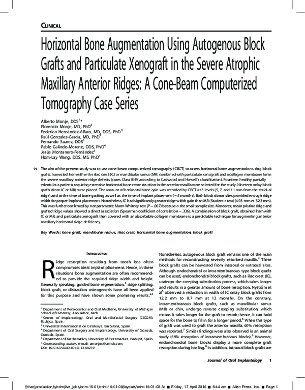 (PDF) Horizontal Bone Augmentation using Autogenous Block Grafts and Particulate Xenograft in ...