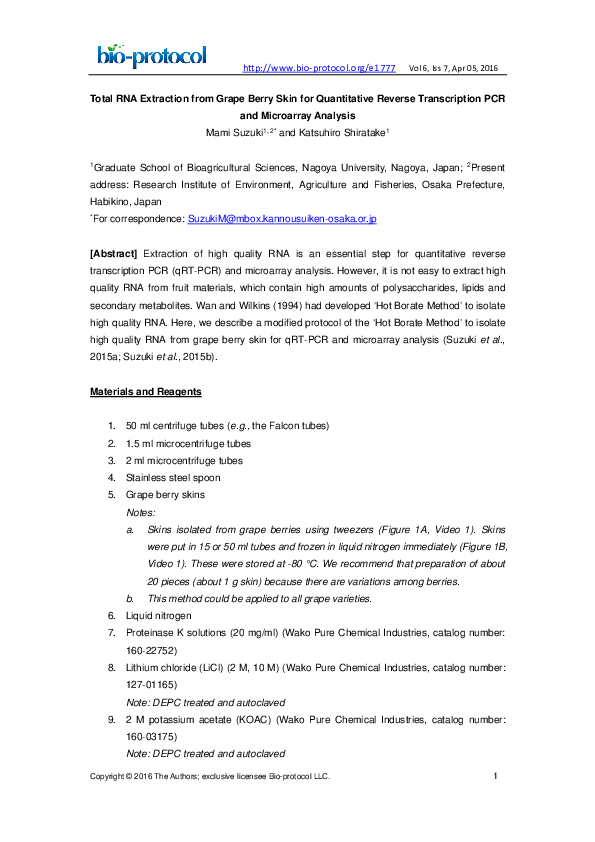 (PDF) Total RNA Extraction from Grape Berry Skin for Quantitative ...