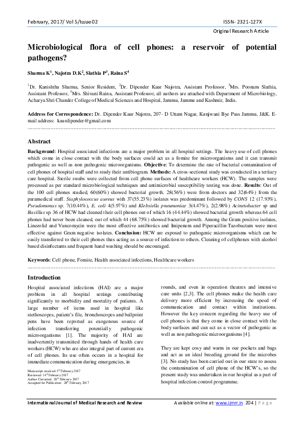 (PDF) Microbiological flora of cell phones: a reservoir of potential ...