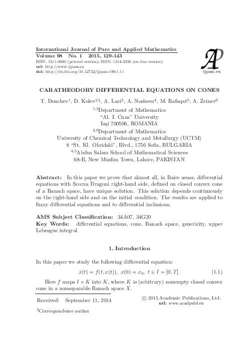 (PDF) Caratheodory Differential Equations on Cones