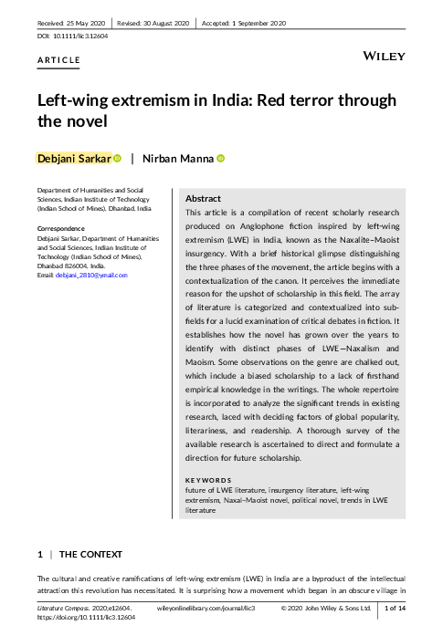 Pdf Left Wing Extremism In India Red Terror Through The Novel 1031
