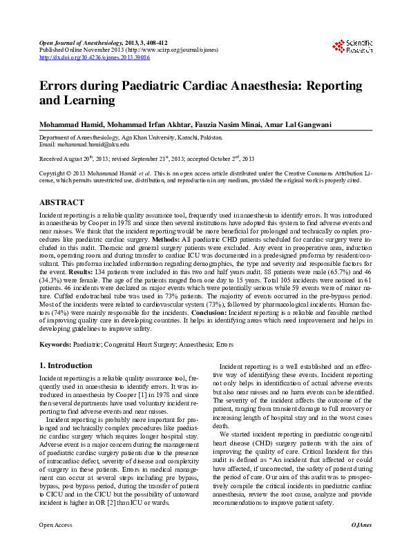 (PDF) Errors during Paediatric Cardiac Anaesthesia: Reporting and Learning