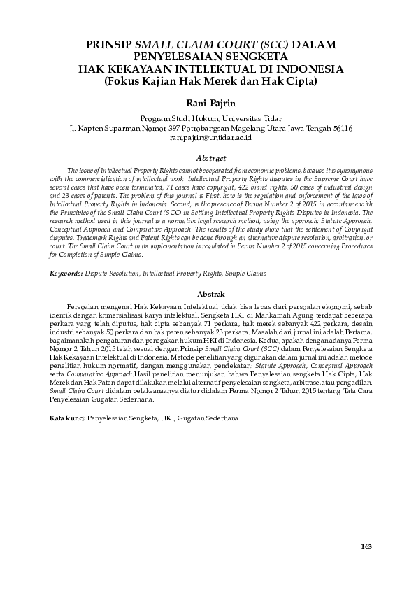 (PDF) PRINSIP SMALL CLAIM COURT (SCC) DALAM PENYELESAIAN SENGKETA HAK KEKAYAAN INTELEKTUAL DI ...