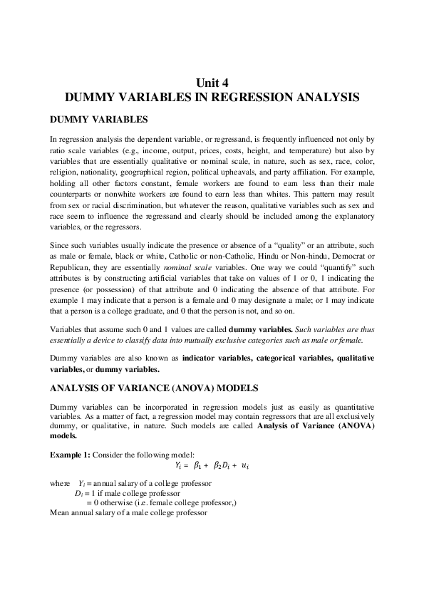 (PDF) Unit 4 DUMMY VARIABLES IN REGRESSION ANALYSIS