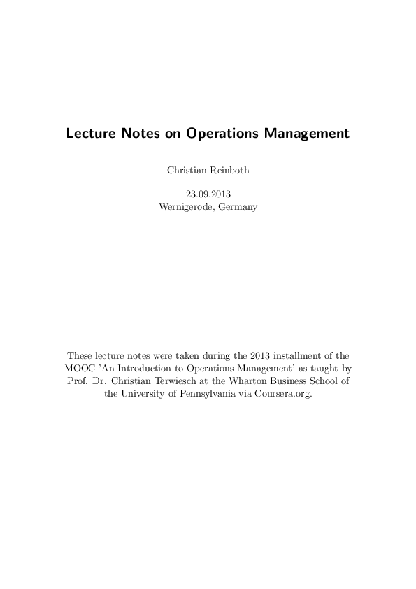 Pdf Lecture Notes On Operations Management