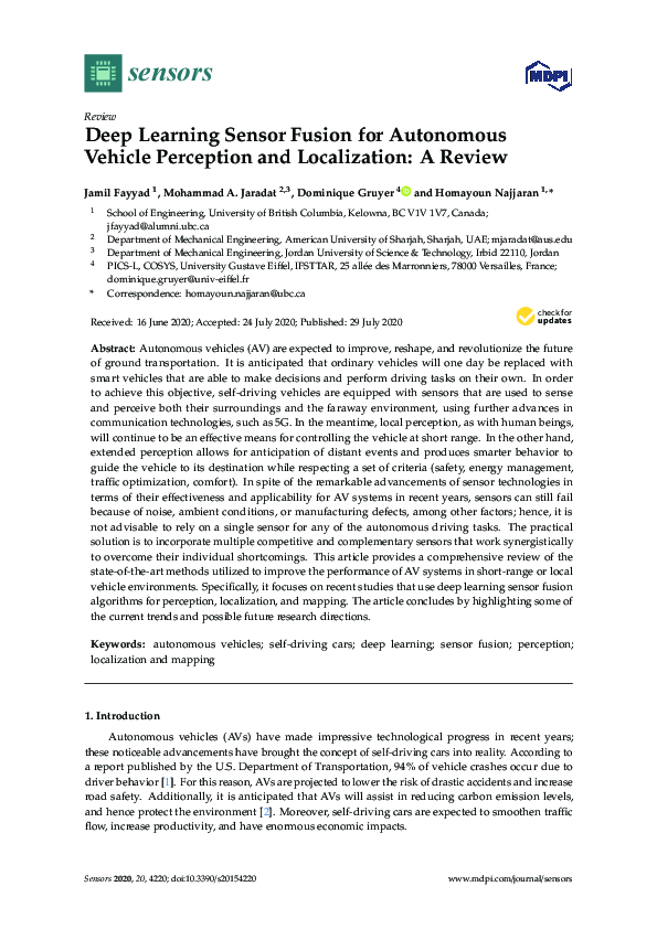 Pdf Deep Learning Sensor Fusion For Autonomous Vehicle Perception And Localization A Review
