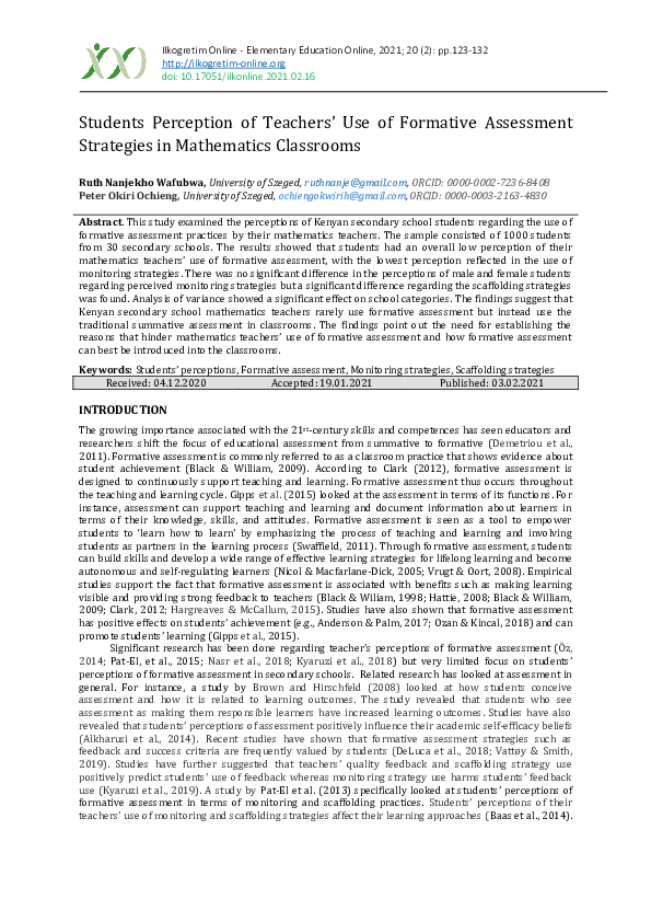 (PDF) Students Perception of Teachers' Use of Formative Assessment ...