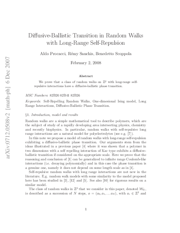 (PDF) Diffusive–Ballistic Transition in Random Walks with Long-Range Self-Repulsion
