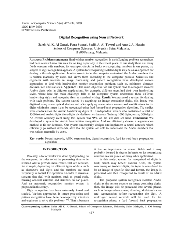 (PDF) Digital Recognition using Neural Network