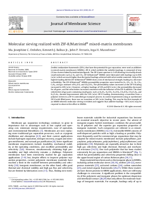 (PDF) Molecular sieving realized with ZIF-8/Matrimid® mixed-matrix membranes