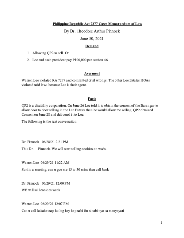 (PDF) Philippine Republic Act 7277 Case: Memorandum of Law