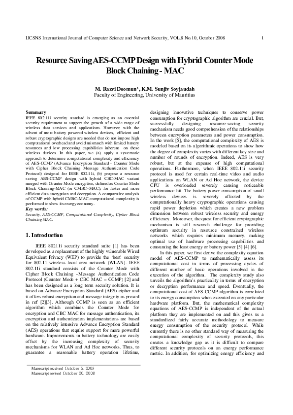(PDF) Resource Saving AES-CCMP Design With Hybrid Counter Mode Block ...