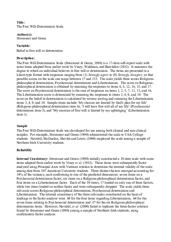 (DOC) Free Will-Determinism Scale