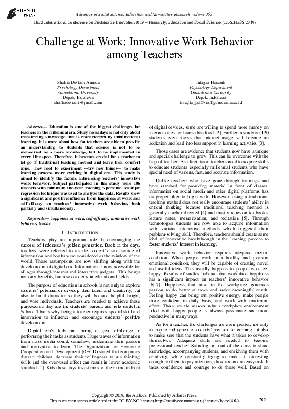 (PDF) Challenge at Work: Innovative Work Behavior among Teachers