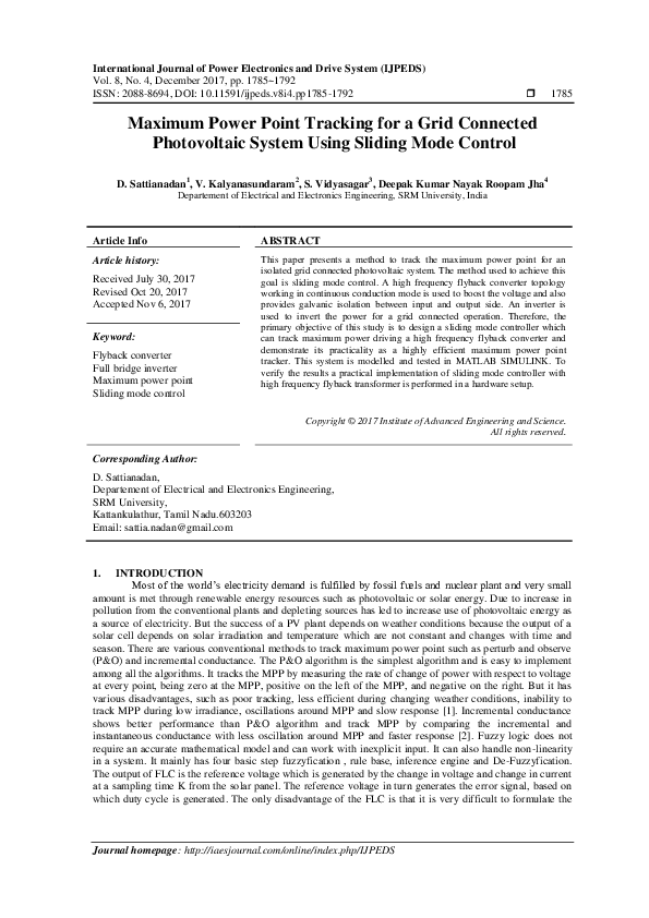 Pdf Maximum Power Point Tracking For A Grid Connected Photovoltaic