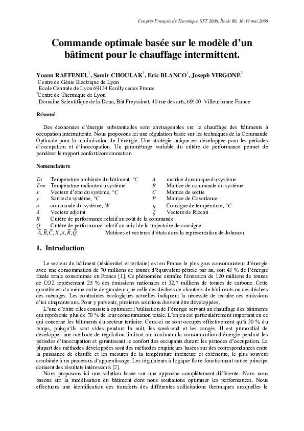 (PDF) Commande optimale basée sur le modèle d’un bâtiment pour le chauffage intermittent
