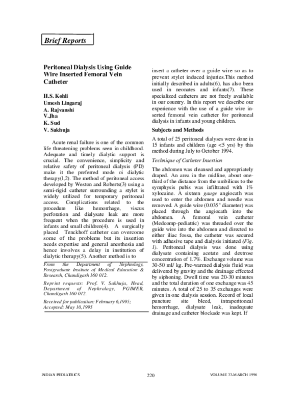 (PDF) Peritoneal dialysis using guide wire inserted femoral vein catheter