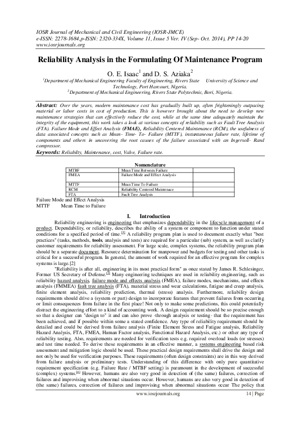 (PDF) Reliability Analysis in the Formulating Of Maintenance Program
