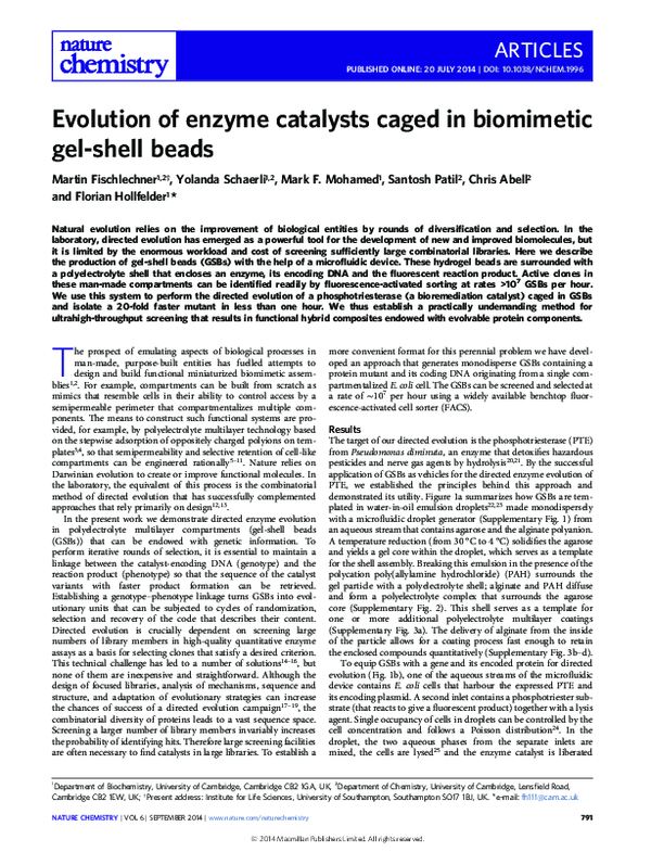 (PDF) Evolution of enzyme catalysts caged in biomimetic gel-shell beads | Dr. Sharada S A N T O ...