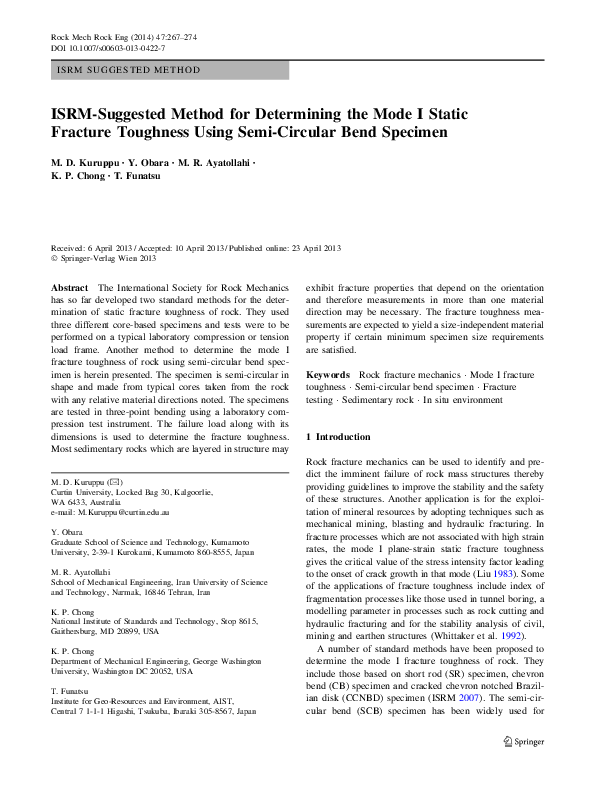 (PDF) ISRM-Suggested Method for Determining the Mode I Static Fracture Toughness Using Semi ...