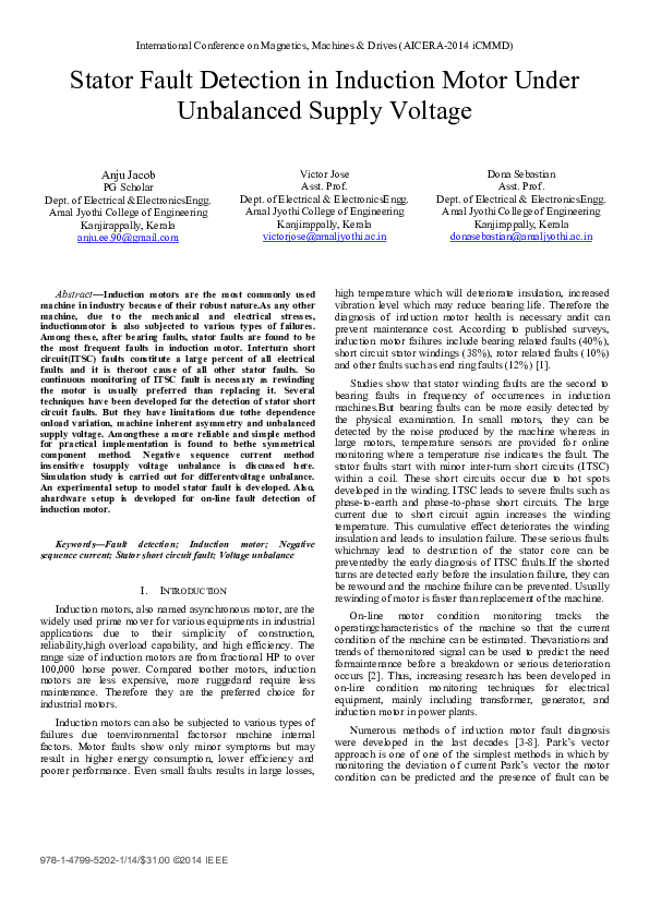 Pdf Stator Fault Detection In Induction Motor Under Unbalanced Supply Voltage Victor Jose