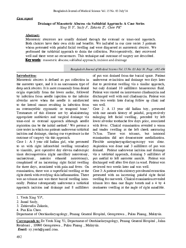 (PDF) Drainage of Masseteric Abscess Via Sublabial Approach : A Case Series
