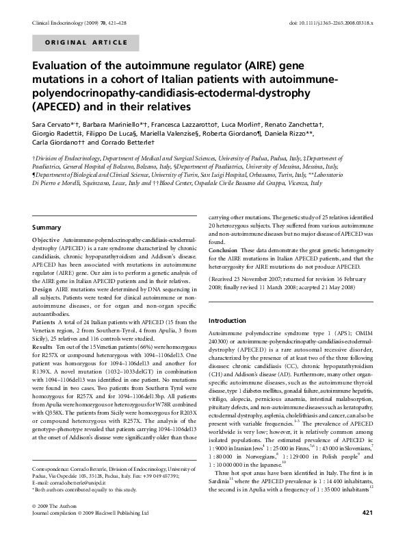 (PDF) AIRE Gene Mutation Analysis in Italian APECED