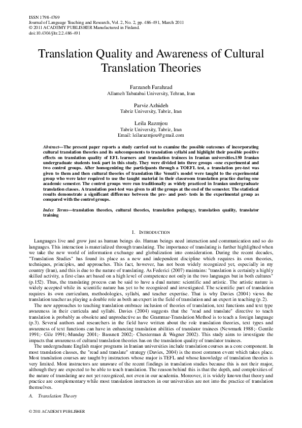 (PDF) Translation Quality and Awareness of Cultural Translation Theories
