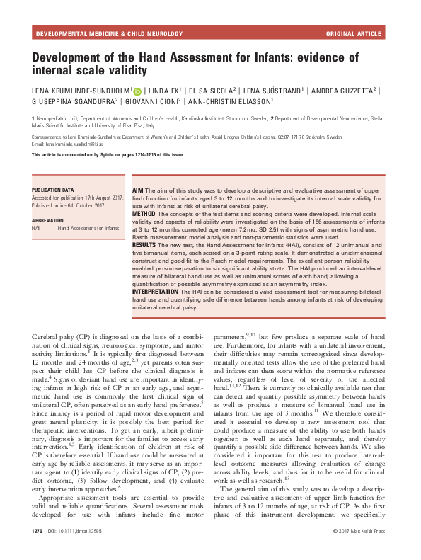 (PDF) Development of the Hand Assessment for Infants: evidence of ...
