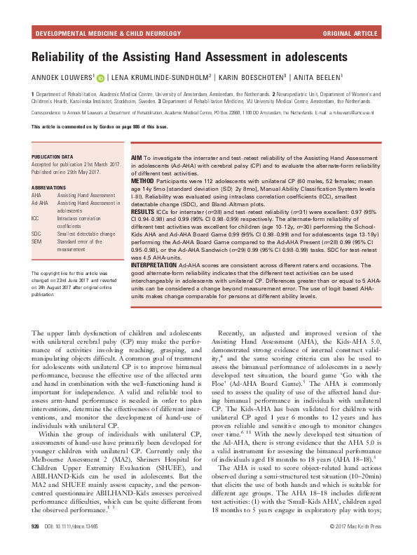(PDF) Reliability of the Assisting Hand Assessment in adolescents