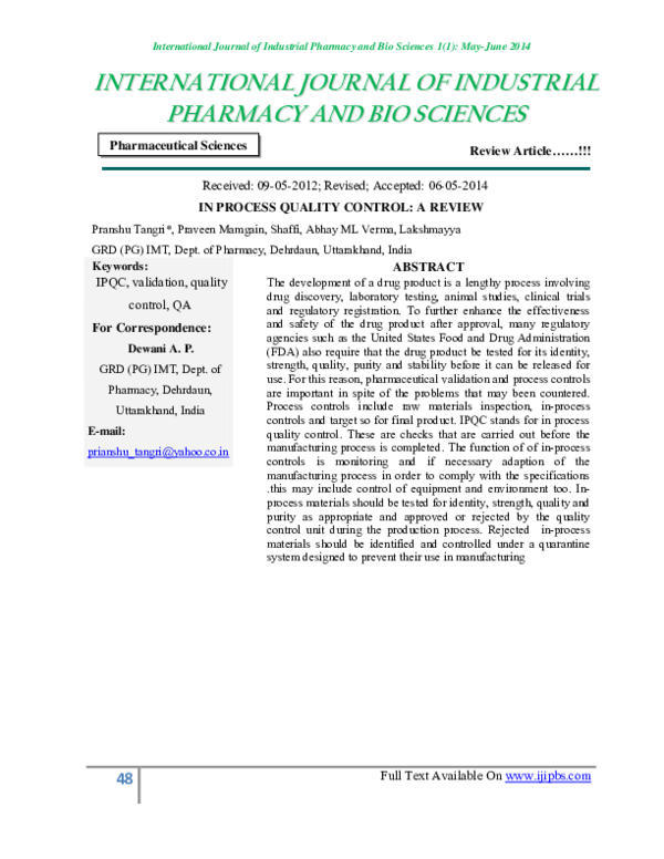 (PDF) In Process Quality Control: A Review