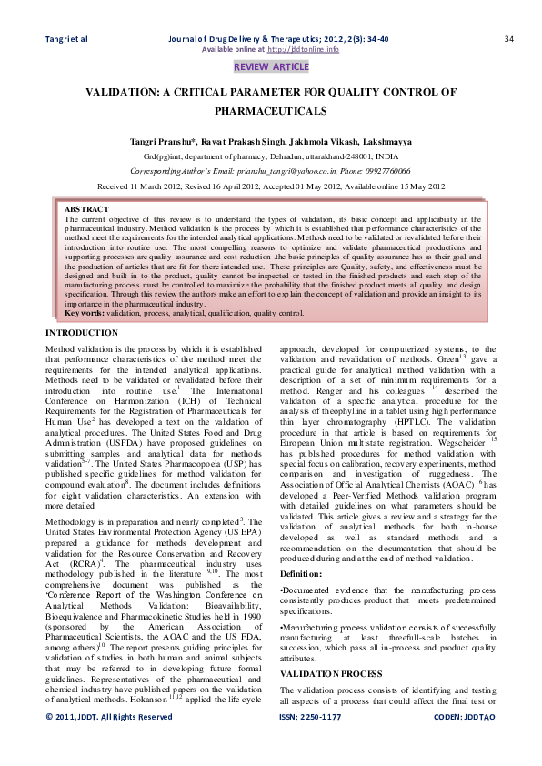 (PDF) Validation: A Critical Parameter for Quality Control of ...