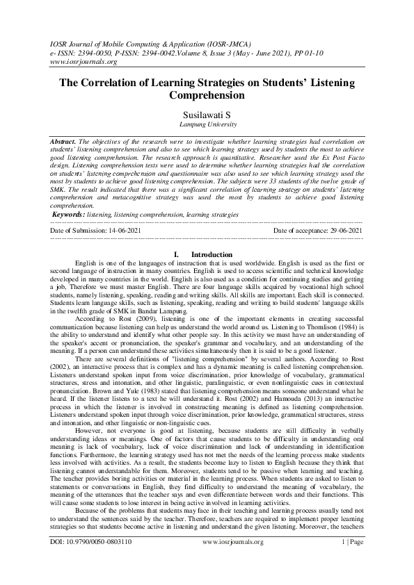 (PDF) The Correlation of Learning Strategies on Students' Listening ...