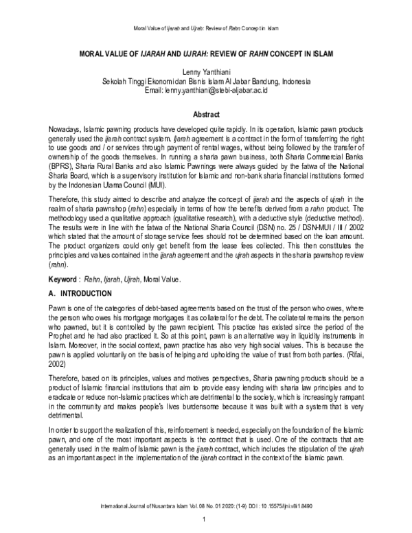 (PDF) Moral Value of Ijarah and Ujrah: Review of Rahn Concept in Islam