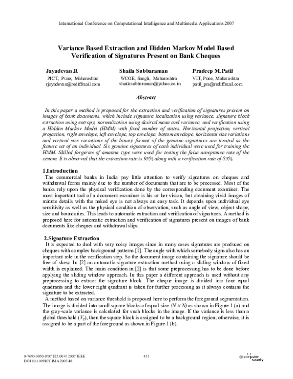 (PDF) Variance Based Extraction and Hidden Markov Model Based Verification of Signatures Present ...