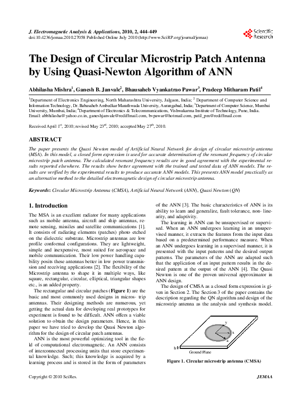 (PDF) The Design of Circular Microstrip Patch Antenna by Using Quasi-Newton Algorithm of ANN