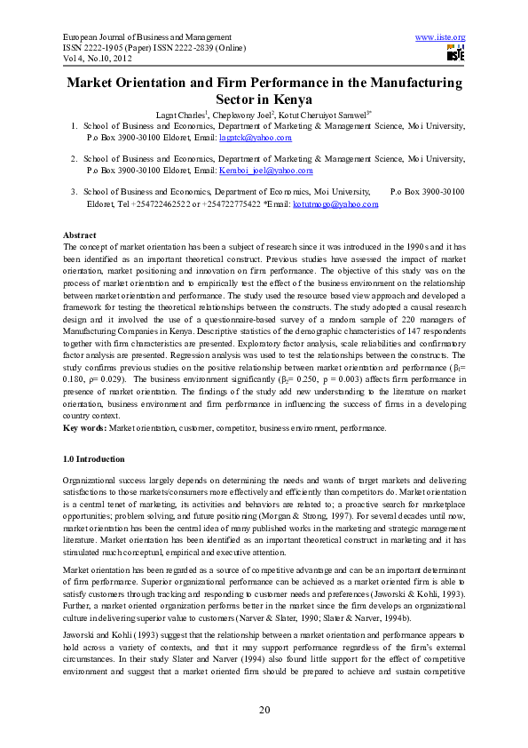 (PDF) Market Orientation and Firm Performance in the Manufacturing ...