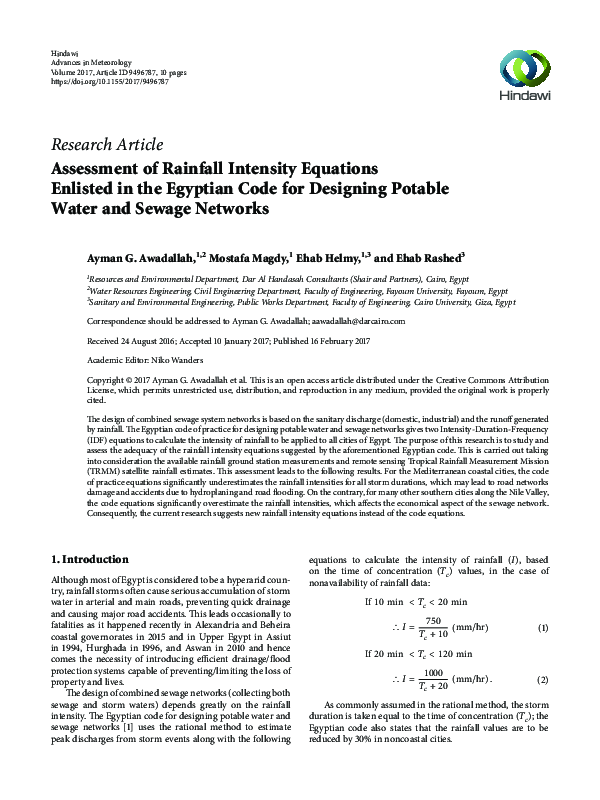 (PDF) Assessment of Rainfall Intensity Equations Enlisted in the ...