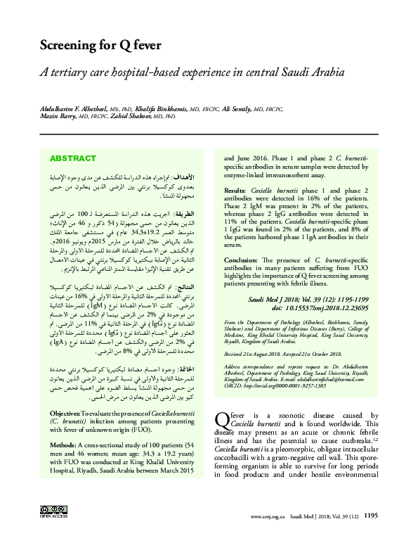 (PDF) Screening for Q fever. A tertiary care hospital-based experience ...