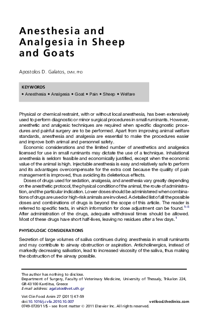 (PDF) Anesthesia and Analgesia in Sheep and Goats