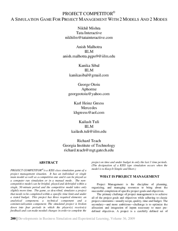 (PDF) Project Competitor© a Simulation Game for Project Management with ...