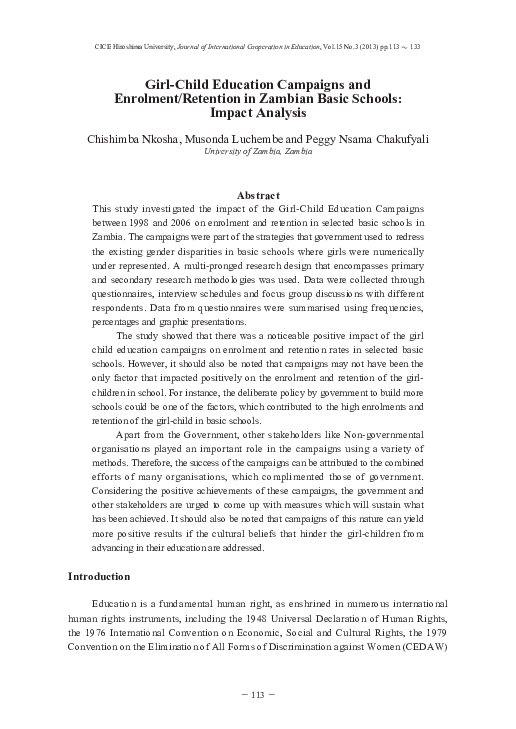 (PDF) Girl-Child Education Campaigns and Enrolment/Retention in Zambian ...