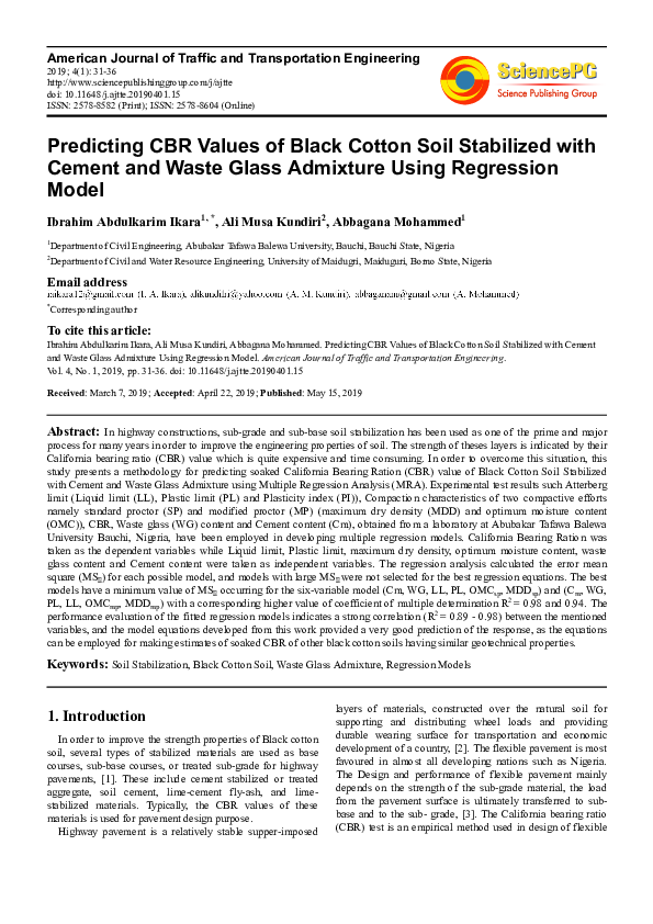(PDF) Predicting CBR Values of Black Cotton Soil Stabilized with Cement and Waste Glass ...