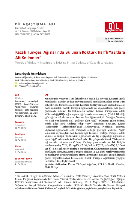(PDF) Words of Gokturk Inscriptions Existing in the Dialects of Kazakh ...