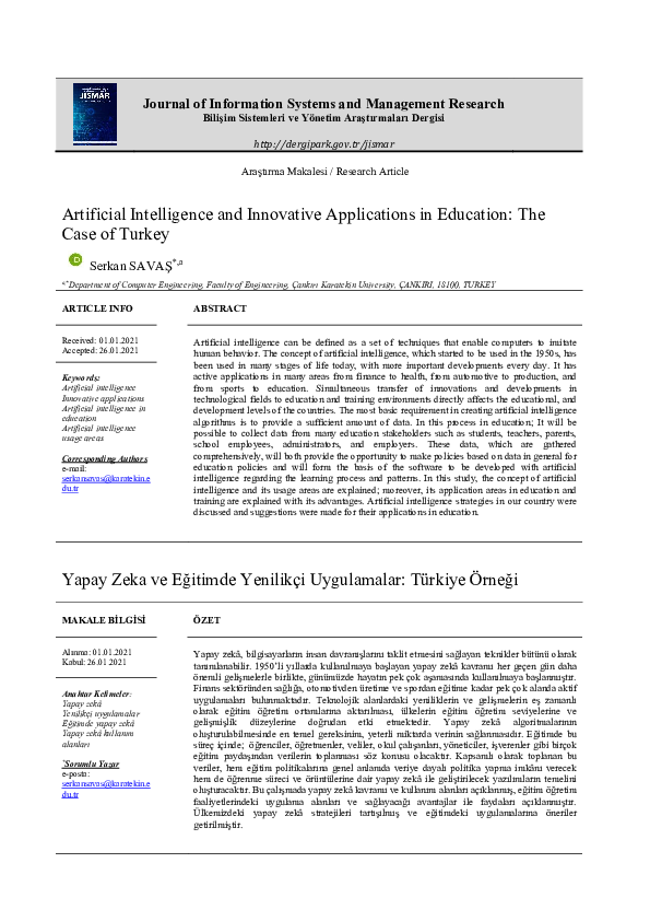 (PDF) Artificial Intelligence and Innovative Applications in Education ...