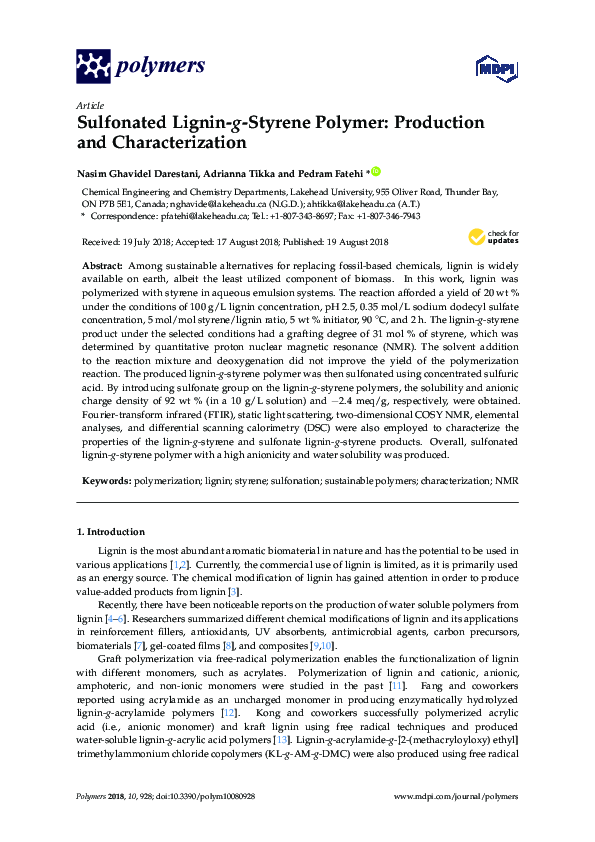 (PDF) Sulfonated Lignin-g-Styrene Polymer: Production and Characterization