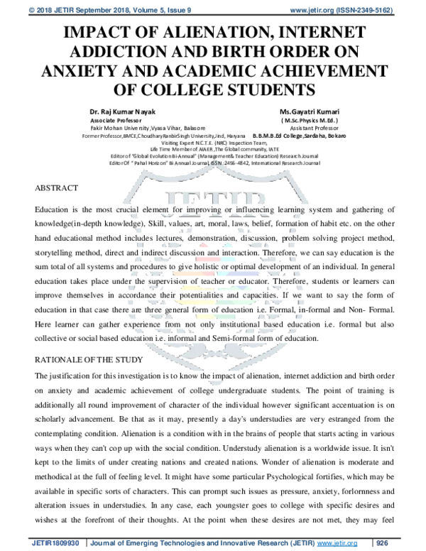 (PDF) IMPACT OF ALIENATION, INTERNET ADDICTION AND BIRTH ORDER ON ...